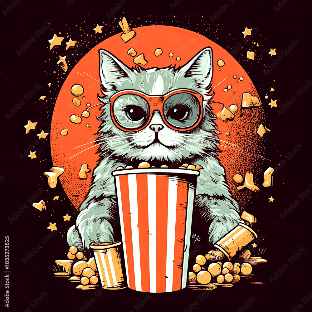 Cartoon cat is sitting in a popcorn bucket with a red and white striped ...