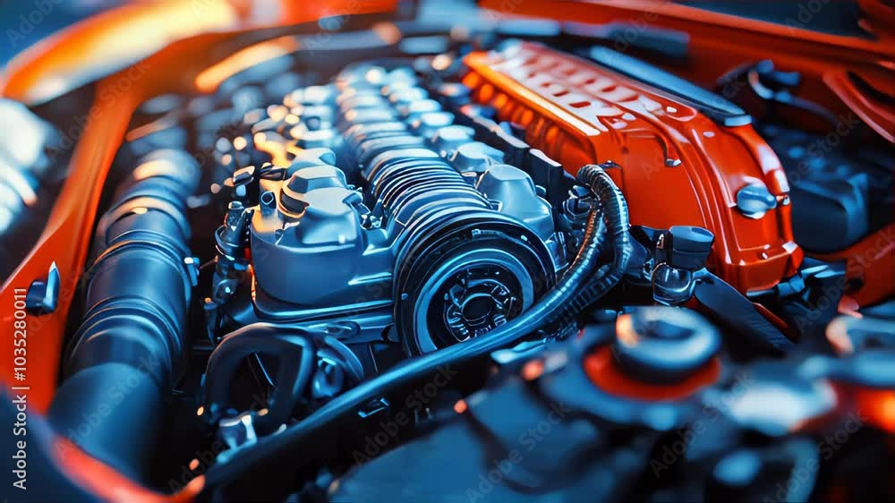 Close-up of a powerful engine under the hood of a modern car, featuring ...