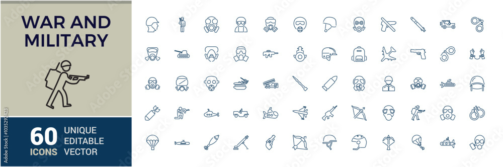 War and military icon collection. Set of army line icons. Editable ...
