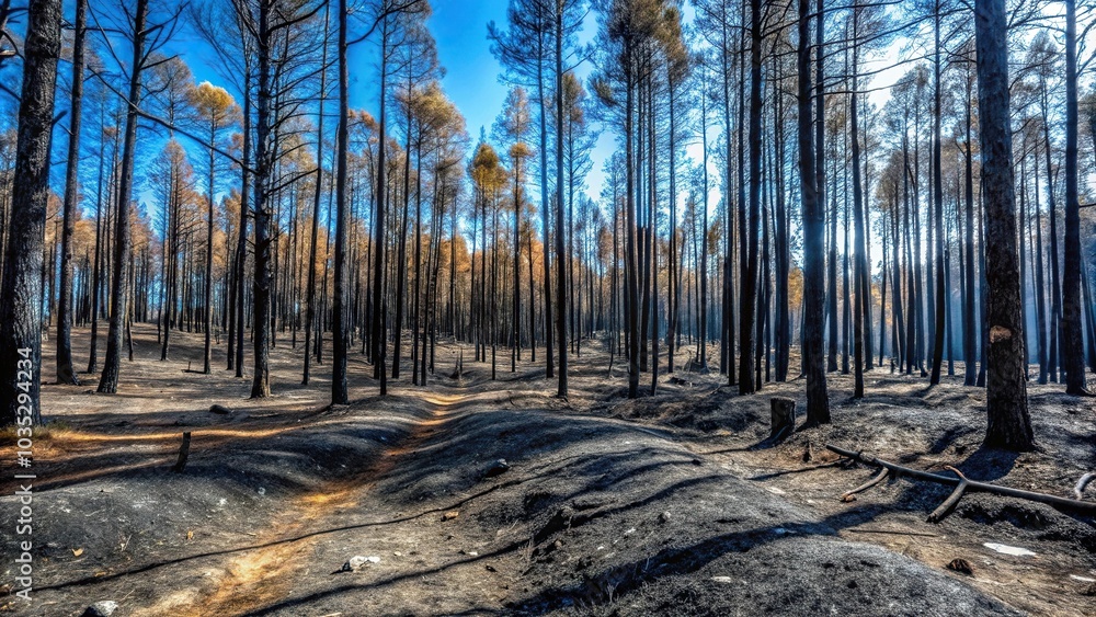 charred forest captured in the aftermath of a fire blackened trees and ashen ground create a ...