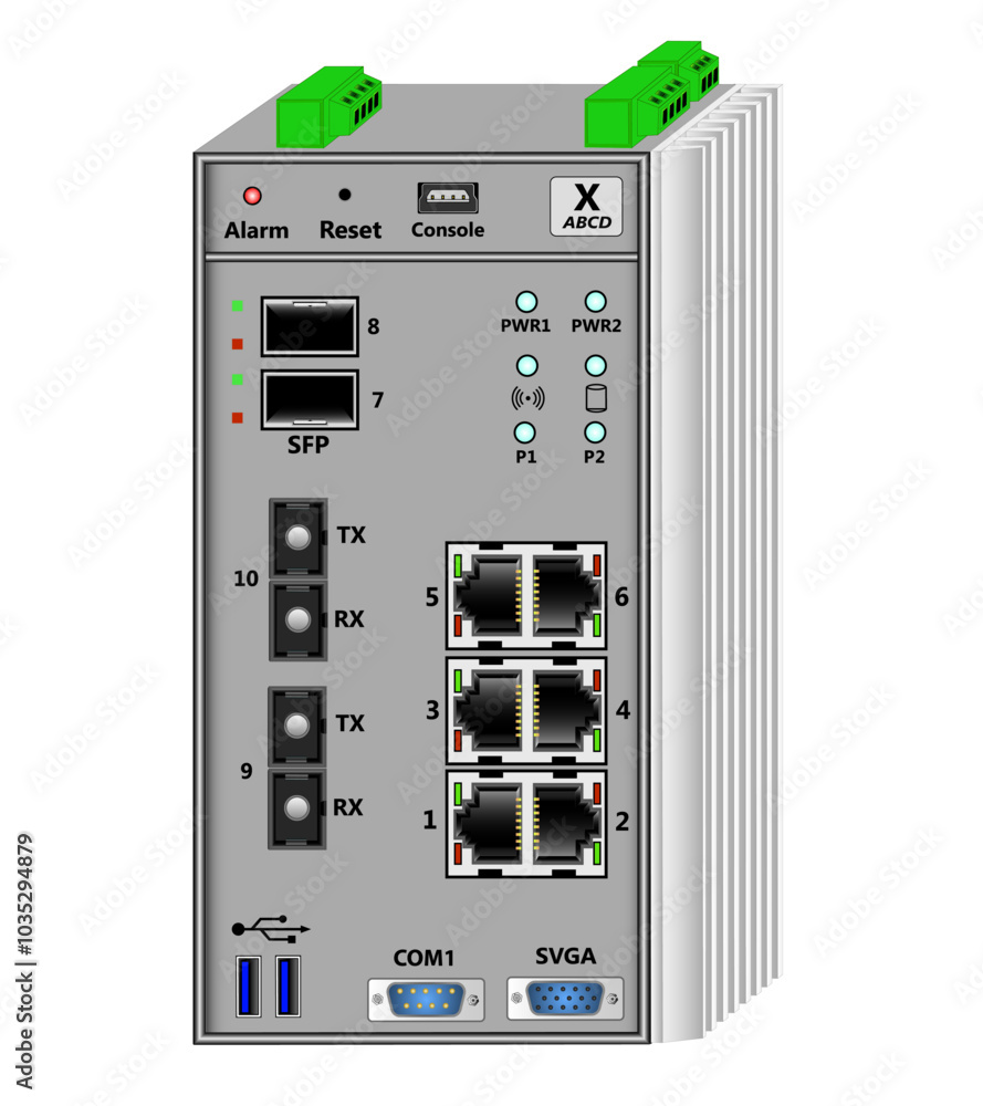 Router, server for DIN rail mounting. Contains 6 RJ-45, 2 fiber optic ...
