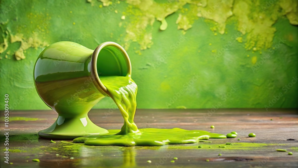 Chartreuse slime spills from a broken vase on a dirty green background ...