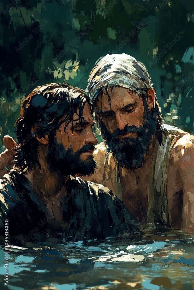 Jesus is baptized by John the Baptist in the Jordan River. Digital illustration, Generative AI ...