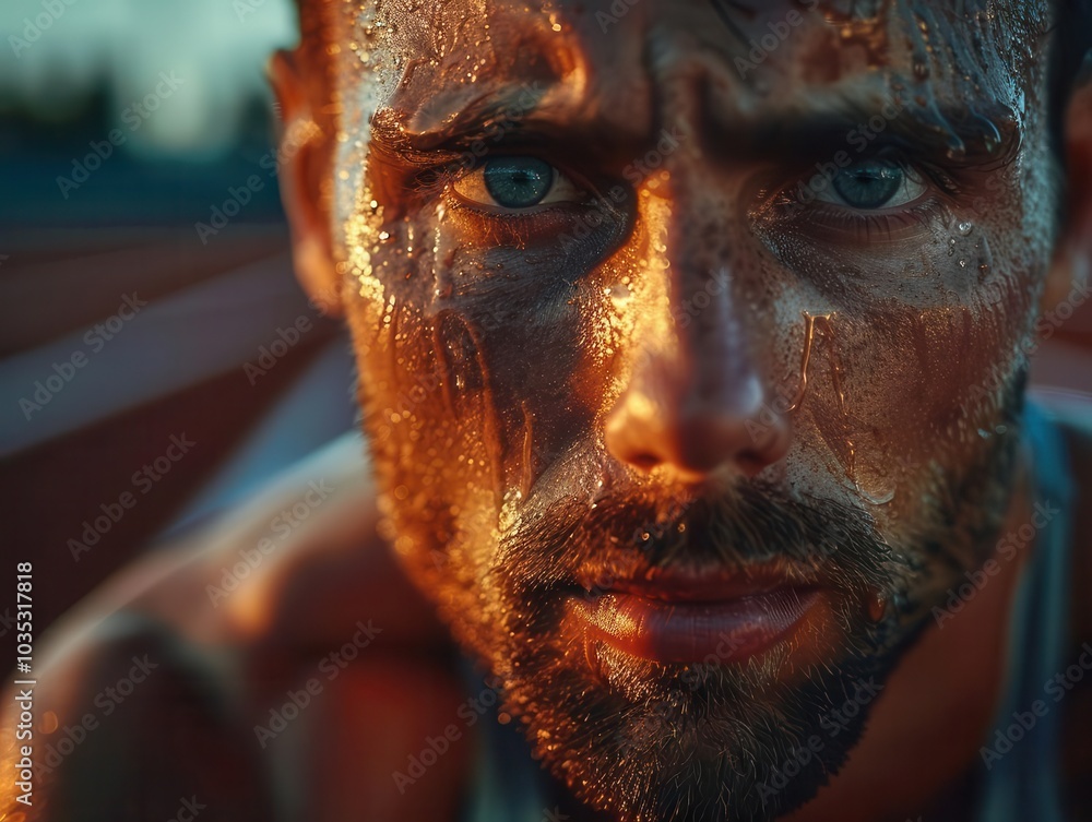 Athlete with sore muscles, overwhelmed expression, collapsed on track ...