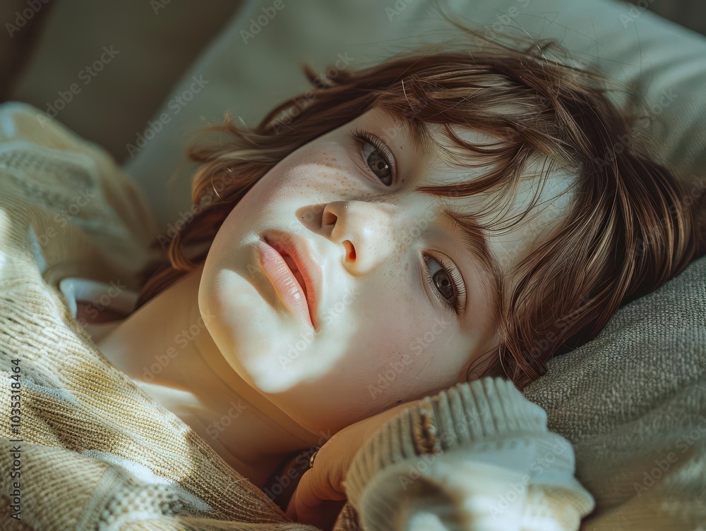 Child with imaginary injury, illusory stomach ache, lying on couch ...