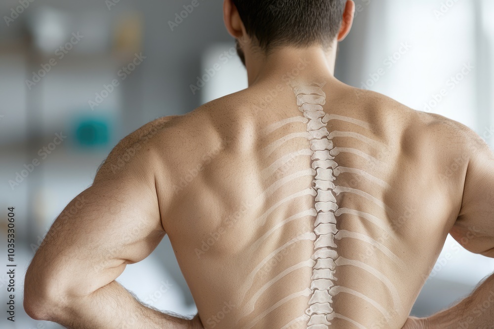 Back anatomy: glowing spinal column indicating pain, man posture with ...