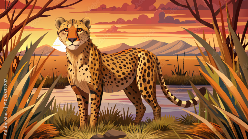 cheetah vector in the african national park stands in savuti marsh ...