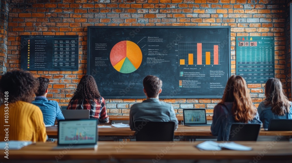 Group of students studying data and graphs in classroom with brick wall ...