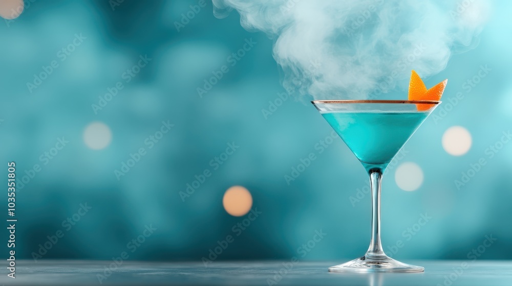 An elegant blue cocktail with an artistic orange garnish releases a ...