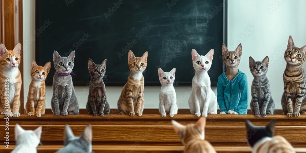 A charming assembly of cats in various colors, displaying curiosity in ...