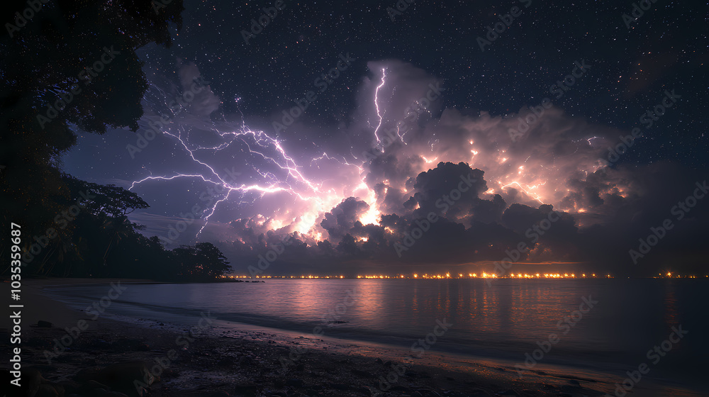 Clouds with colorful lightning in a stormy landscape. A storm is raging ...