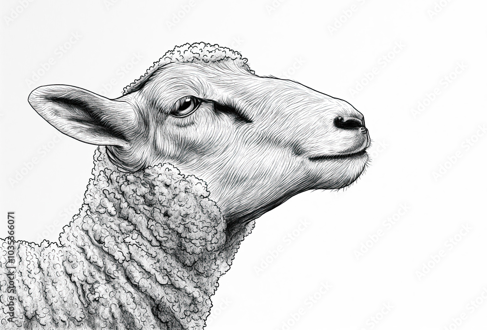 Sheep, lamb. Vintage retro print, black white sheep lamb sketch ink ...