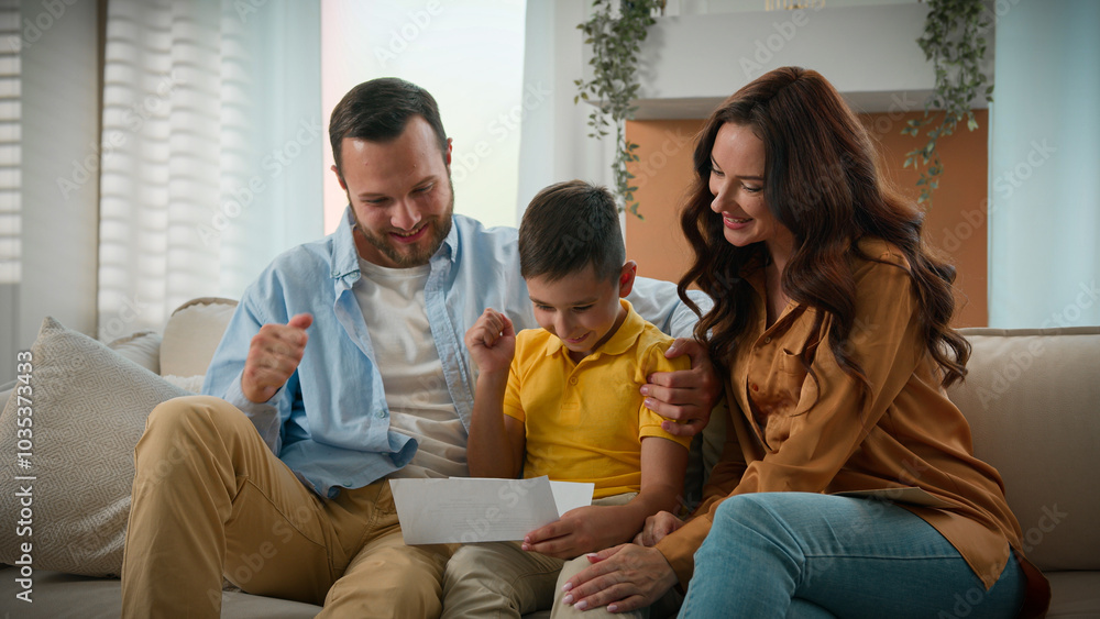 Excited Happy Caucasian family parents mother father child son receive ...