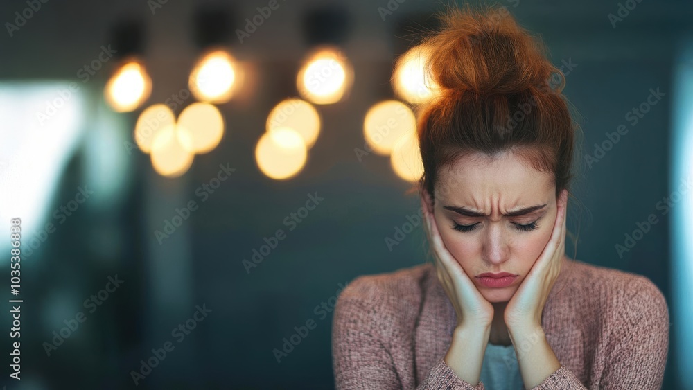 Businesswoman sitting alone in a dim office, head in her hands ...