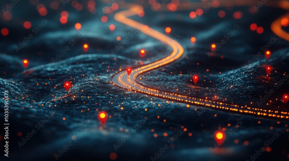 Abstract representation of a road with red location pins on a curvy ...