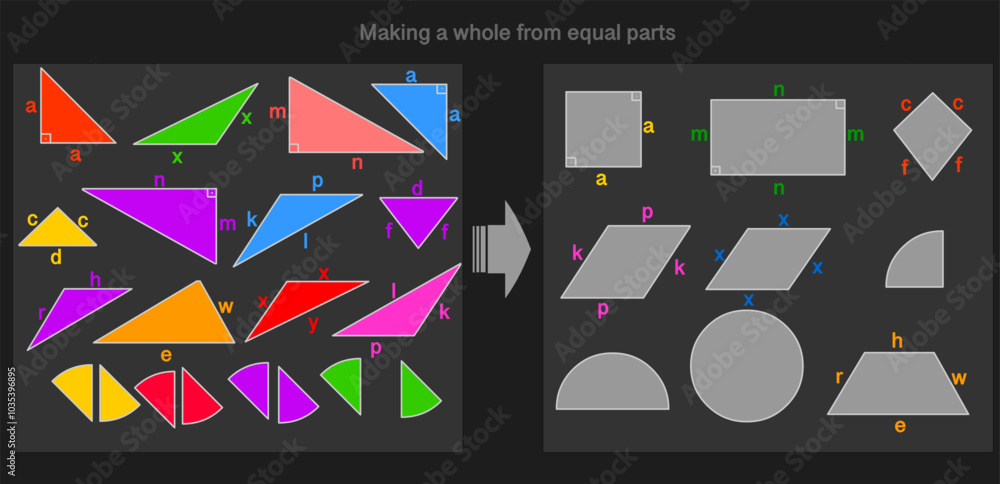 Quadrilateral types, circle piece. Math puzzle game. Making whole equal ...