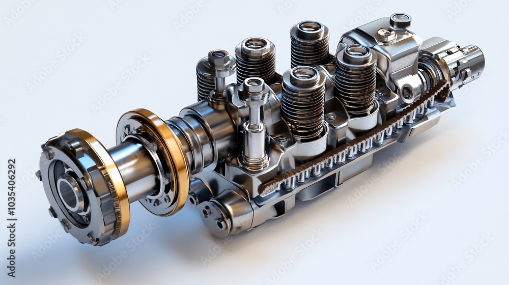 Powerful engine block with pistons and cogs is lying on white ...