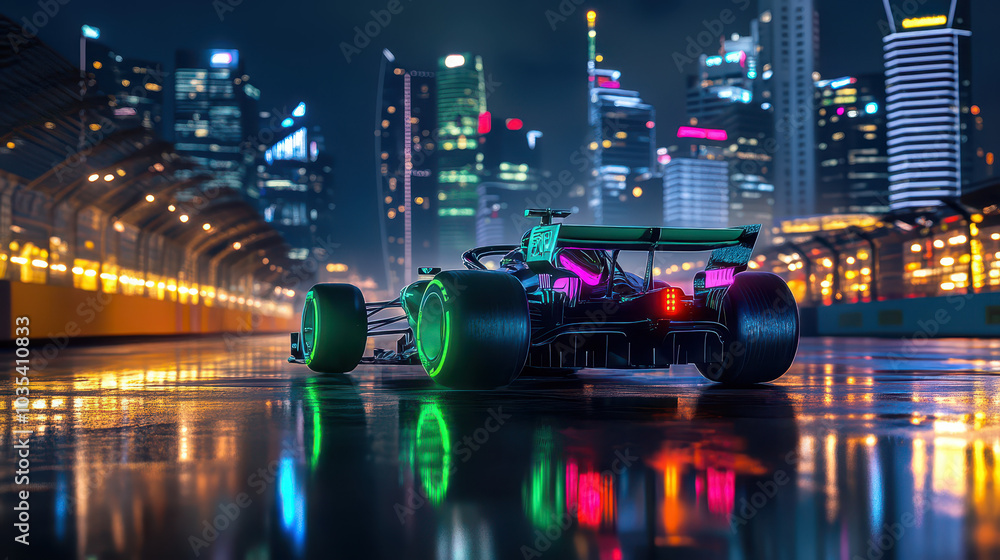 Green F1 Car in Action: Dynamic Backshot Against Singapore's Night ...