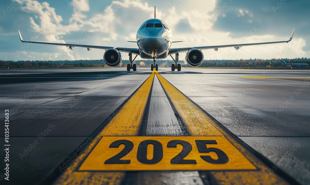 A commercial airplane on a runway labeled "2025," symbolizing ...
