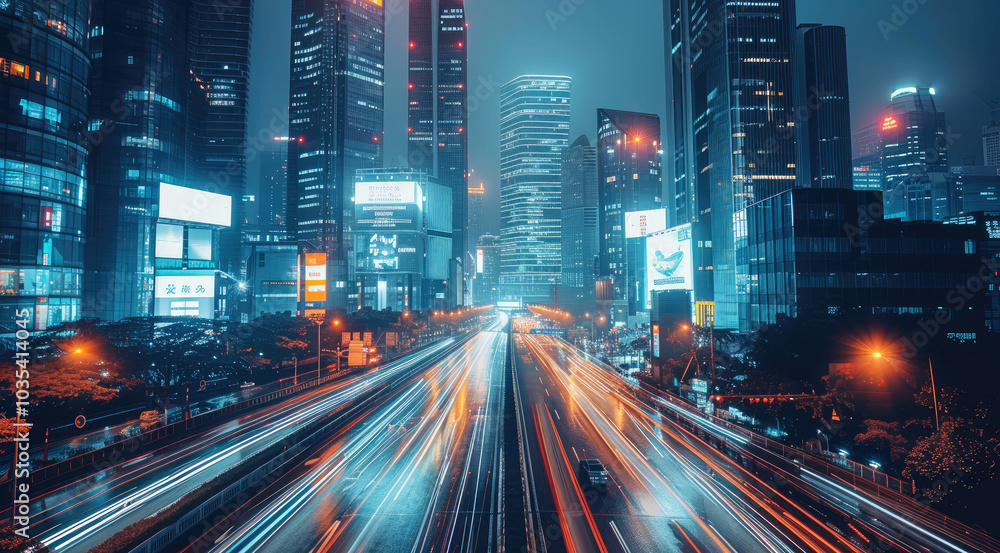 A futuristic cityscape with skyscrapers consisting of digital screens ...