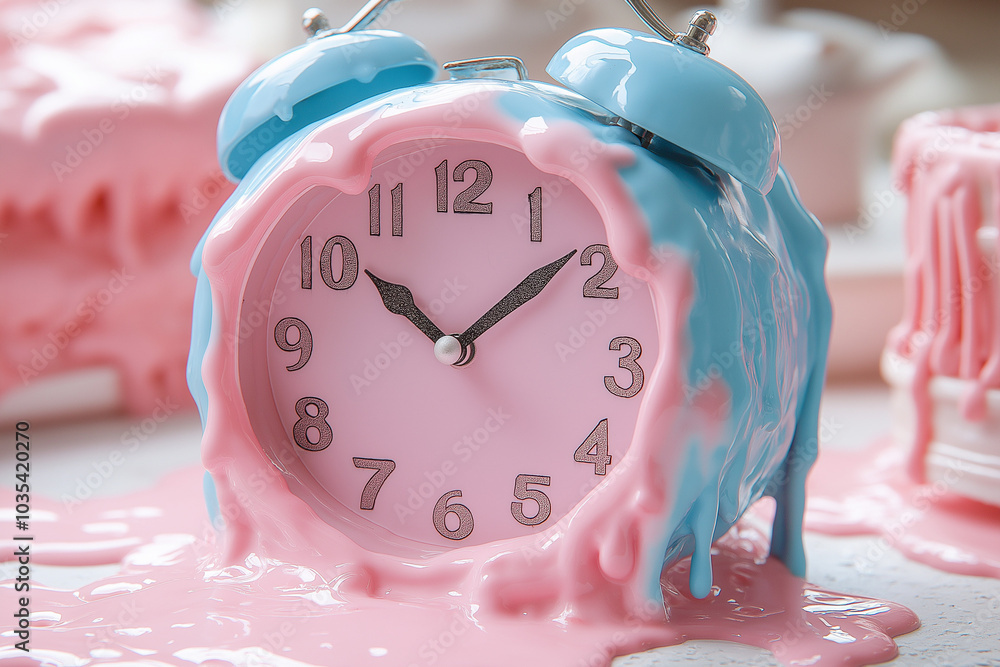 Melted pastel pink and blue alarm clock in a playful, surreal setting ...