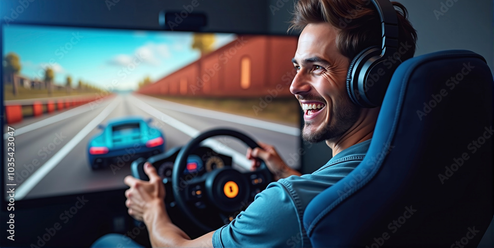 Gamer playing a car racing simulation at home with a steering wheel ...