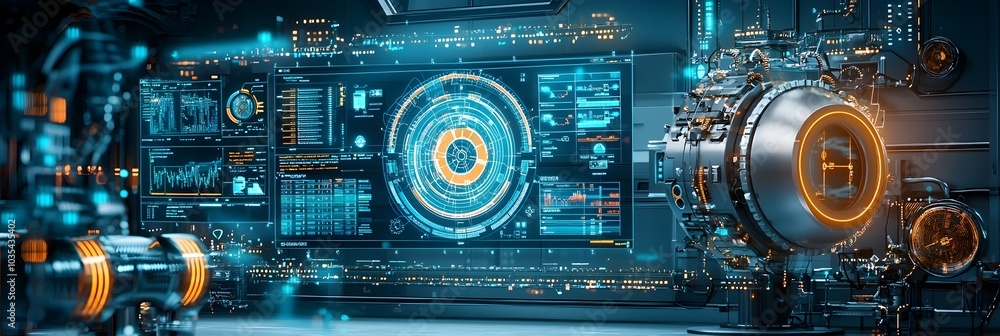 An industrial control room setting with multiple monitors displaying ...