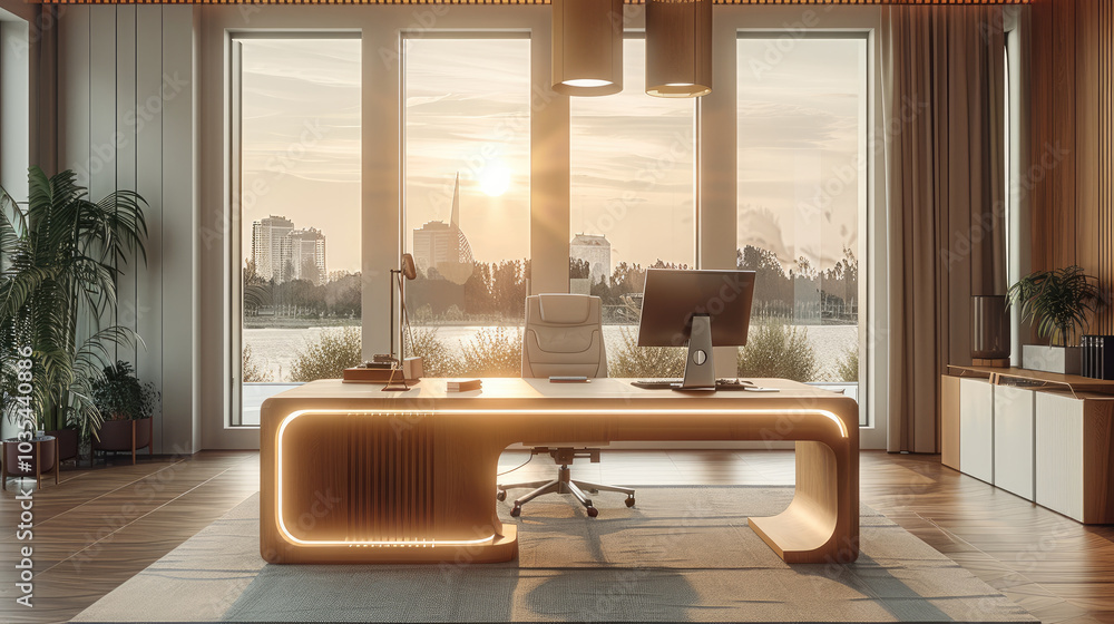 CEO office with desk, desktop, and window, modern stylish office with ...