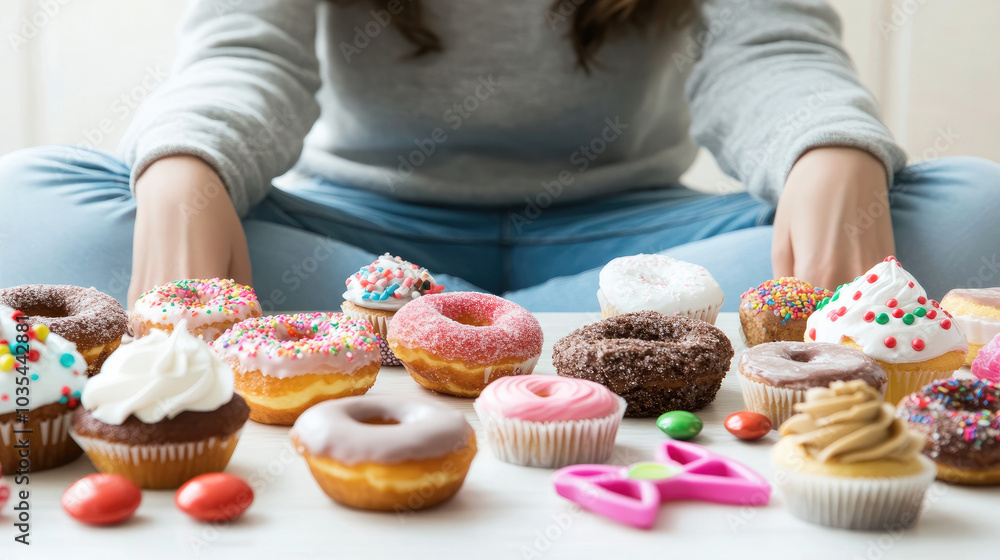 Sad person surrounded by sugary foods, reflecting the struggle between ...