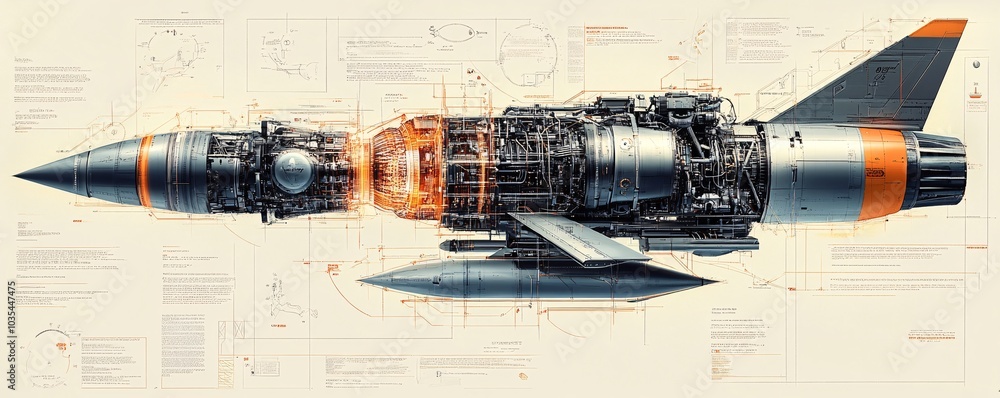 Modern rocket engine technical drawing with visible details and ...