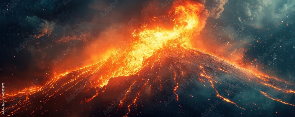 An erupting volcano displaying dynamic lava flow and billowing smoke ...