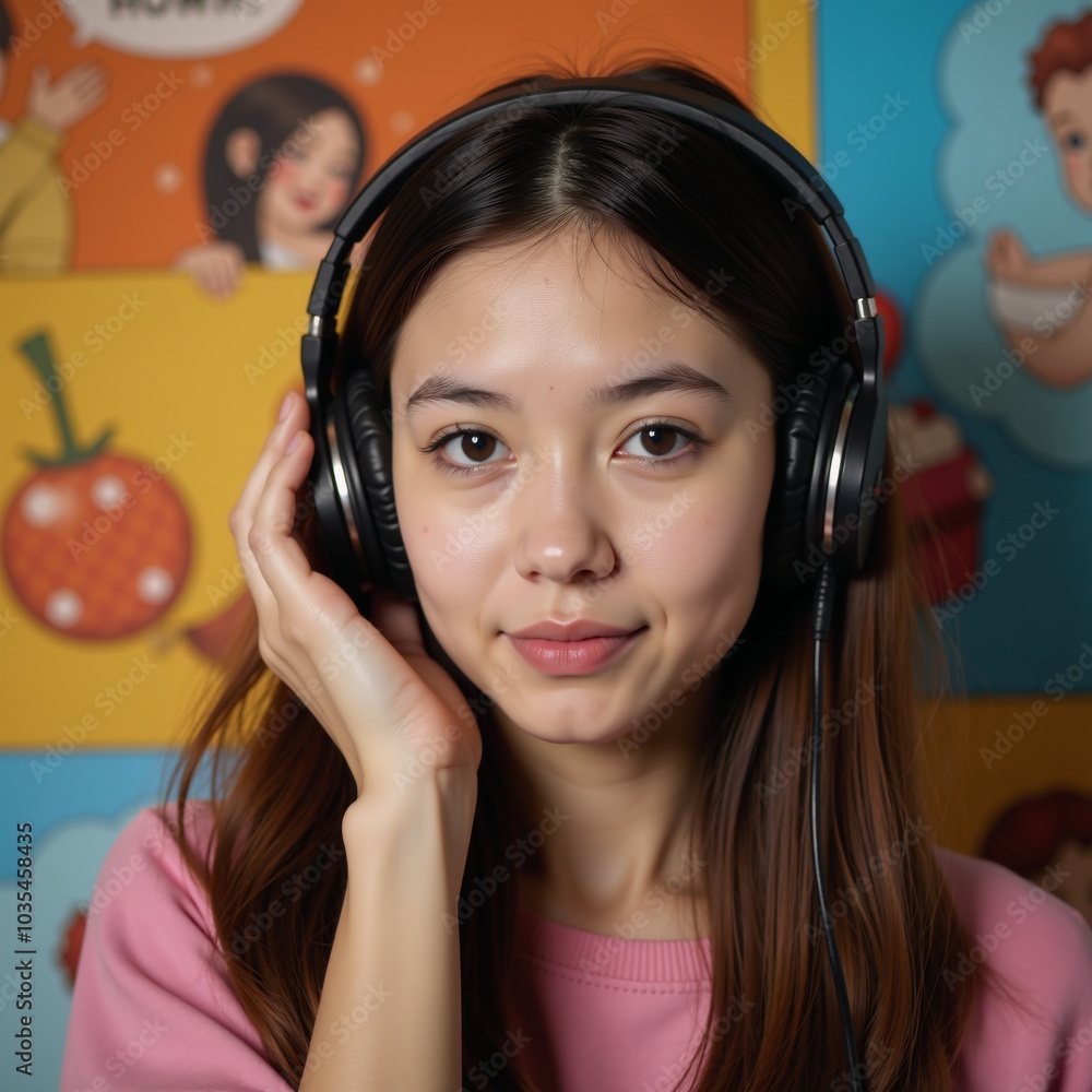 Manga-style cartoon illustration featuring a beautiful girl enjoying lofi hip hop music on her ...