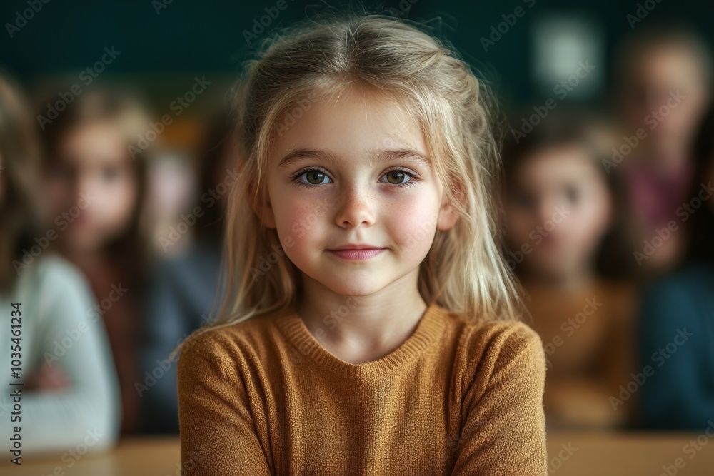 Shy little girl standing in front of her class to do an oral ...