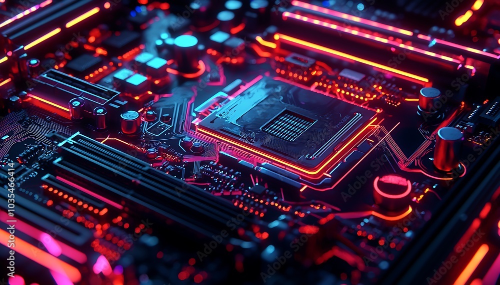 High-tech motherboard with CPU and GPU illuminated by neon lighting ...