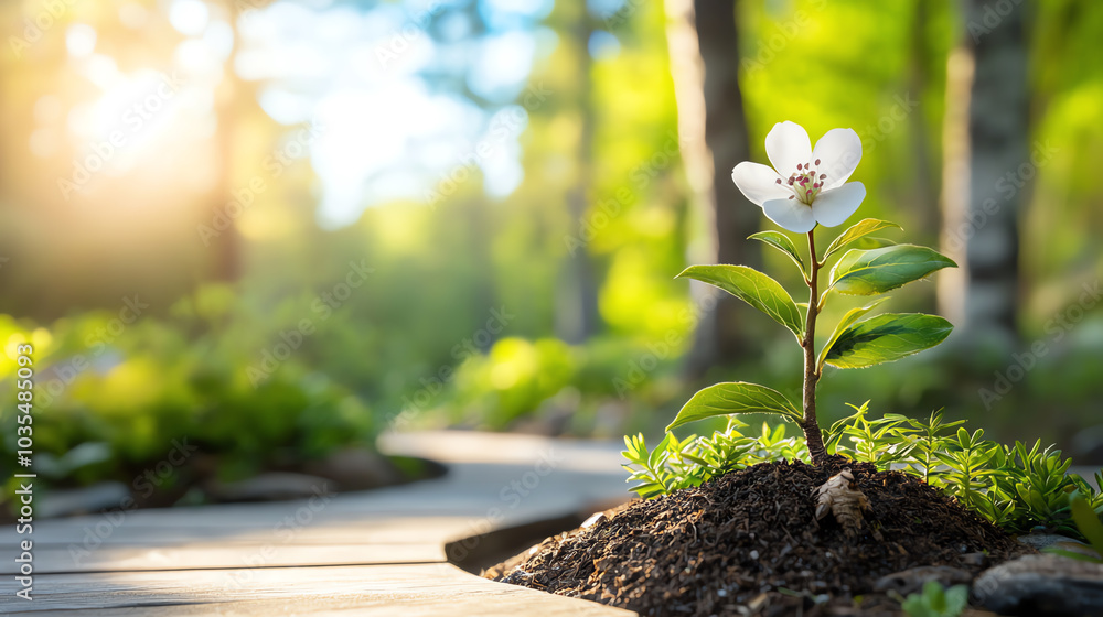 A winding path through different stages of tree growth, from sapling to ...