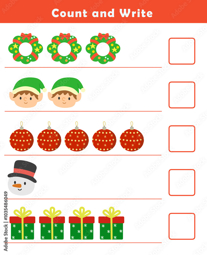 Christmas activity sheet. Count and write numbers 1-5. Counting objects ...