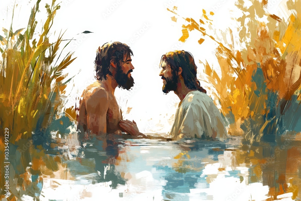 John the Baptist baptizes Jesus in the Jordan. Digital painting on white background, copy space ...