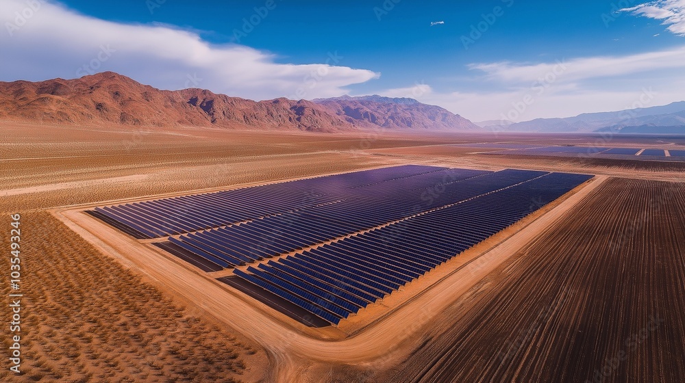 A massive solar farm spans the arid desert landscape, featuring rows of ...