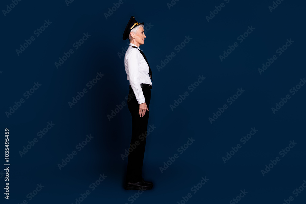 Full body photo of attractive senior woman passenger plane captain ...