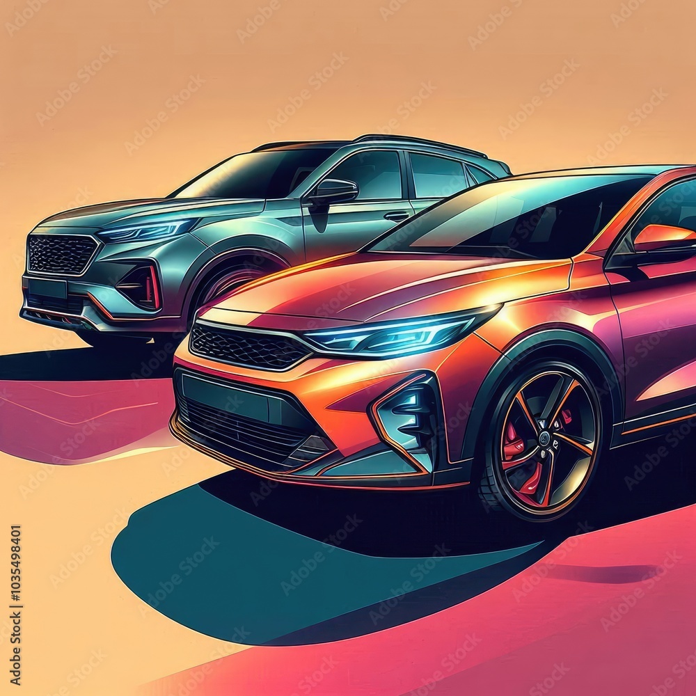 Illustrate a vibrant scene featuring two stylish cars: a compact ...