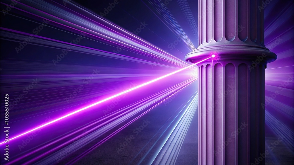 A thin purple laser beam shining through the columns from an aerial ...