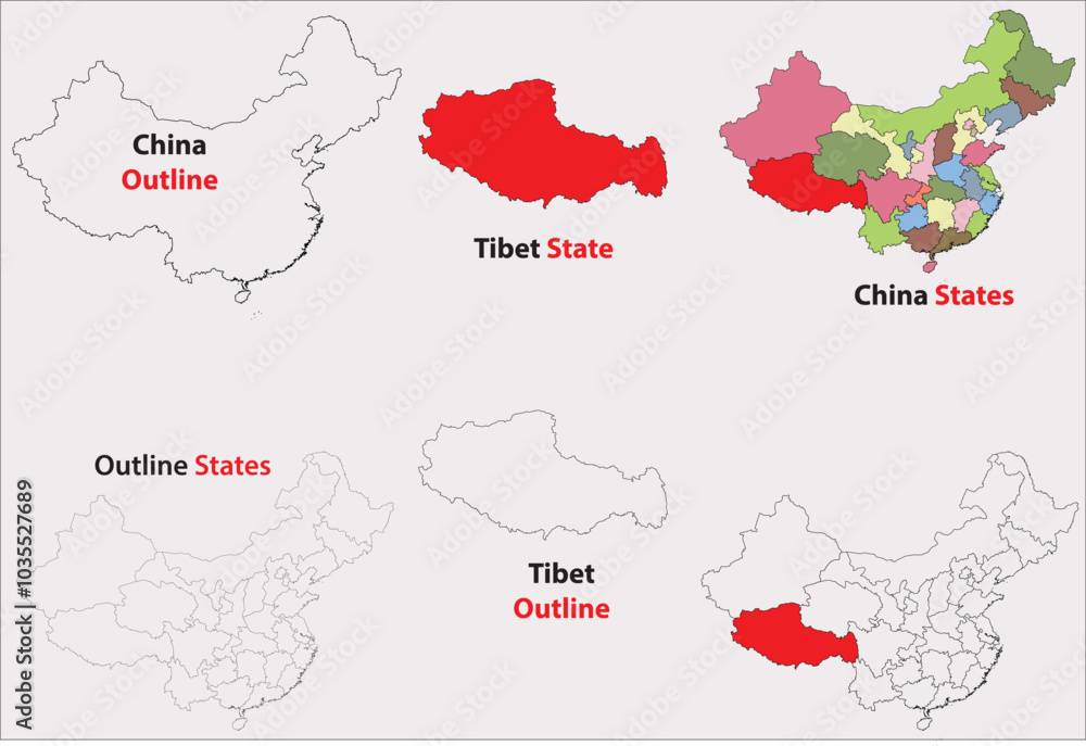Tibet map vector of China, Tibet line map, Tibet with city map, Tibet ...