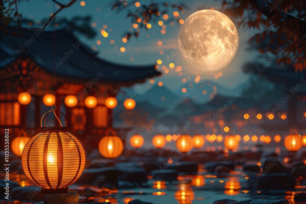 Gentle light from decorative lanterns bathes the garden in warmth as a ...