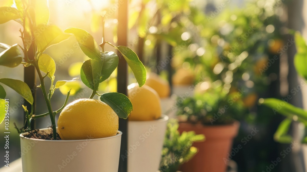 Close-up of lemons in white pots on the patio, garden design, white ...