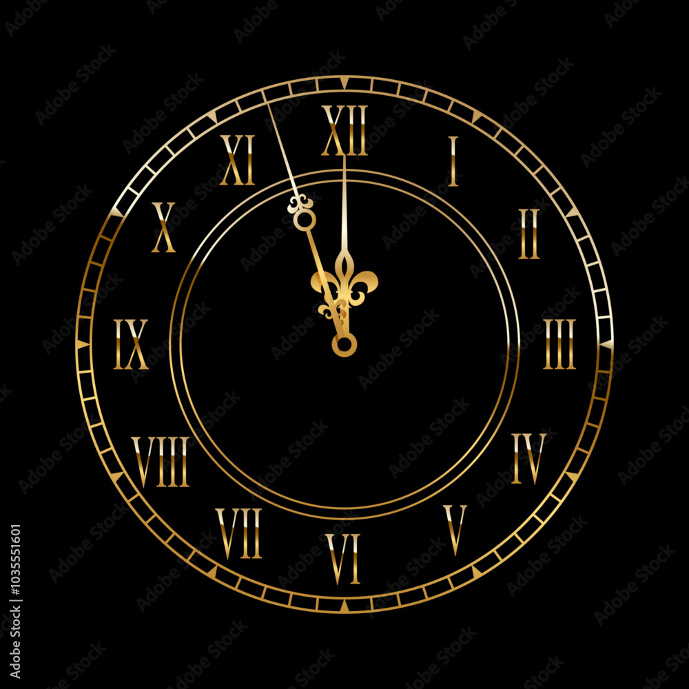 Gold clock face with midnight time. 3d golden watch on black background ...