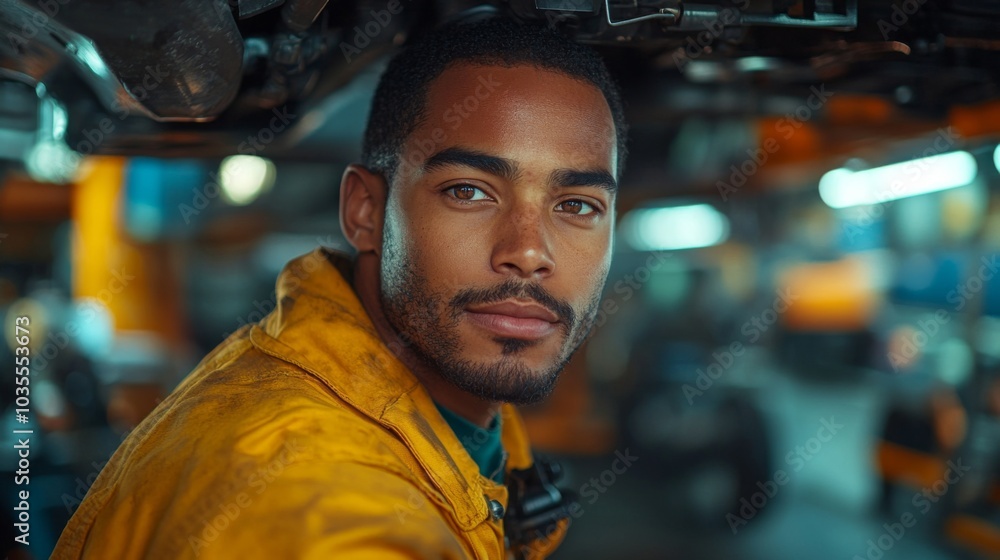 A mechanic is closely examining vehicle components in a busy workshop ...