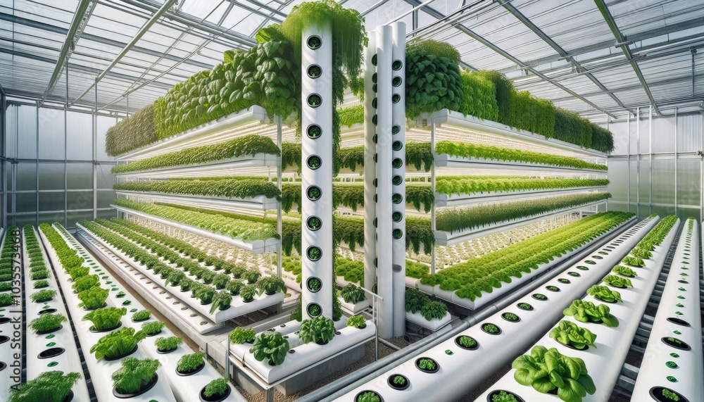 Modern Hydroponic Greenhouse with Vertical Planting System Growing Lush ...