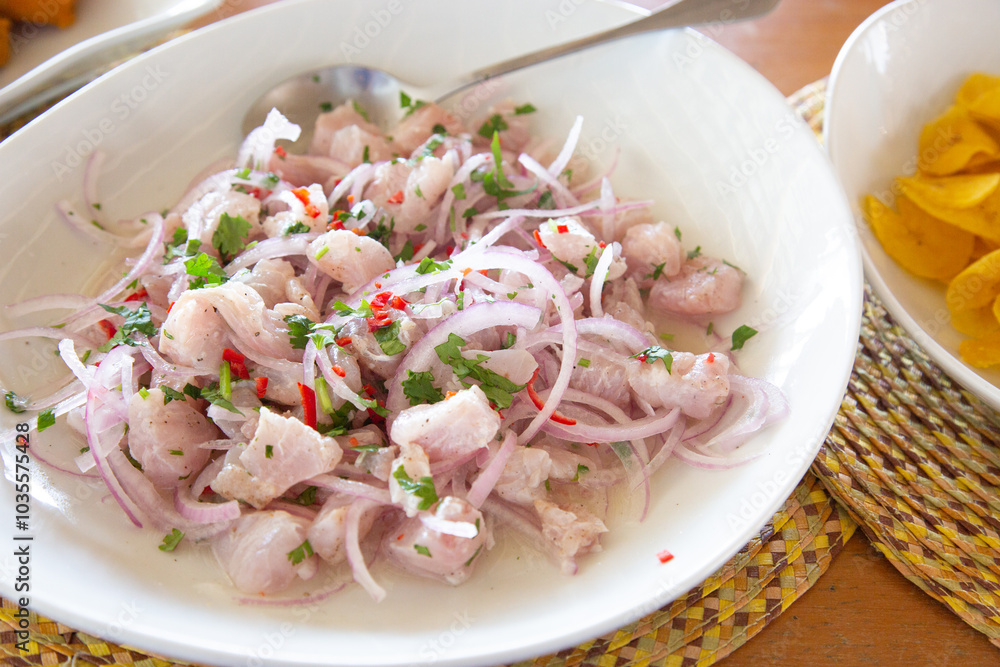 Ceviche raw fish with onions and lemon juice Peru peruvian traditional ...