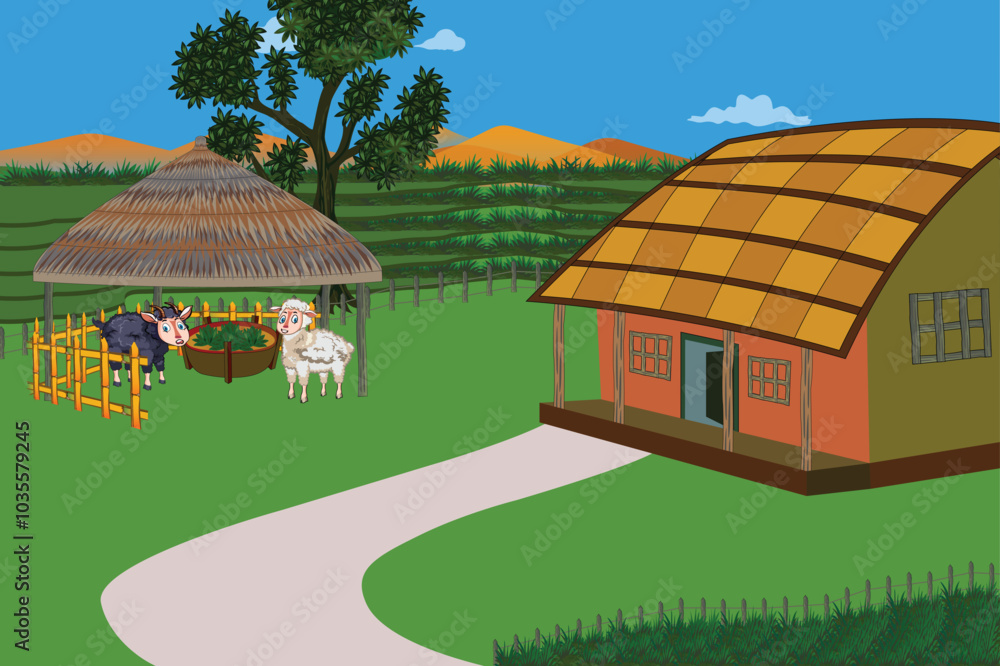 Indian farmhouse with trees, hills, sheep, mud road, and huts — a ...
