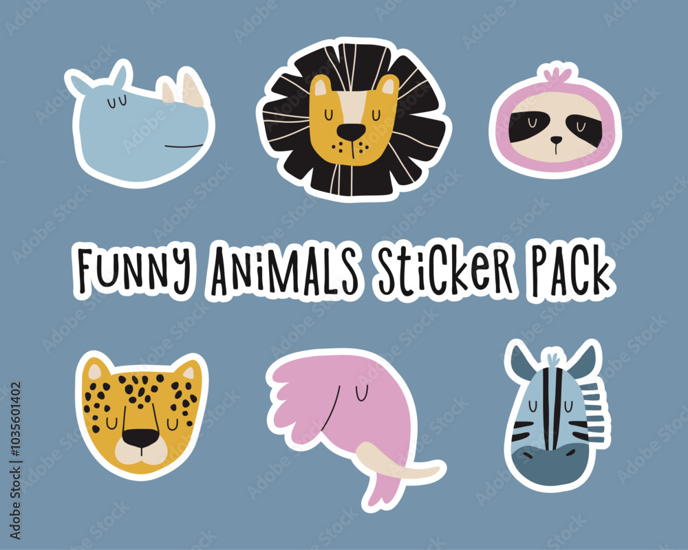 Funny animals sticker pack. Colorful stickers with faces of wild ...